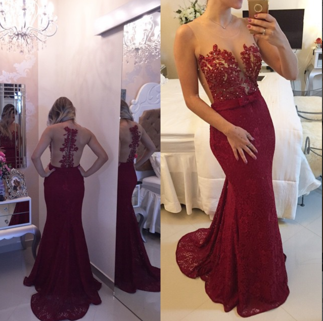 Sexy Burgundy Prom Dress Mermaid Lace Evening Dress Sexy Open Back