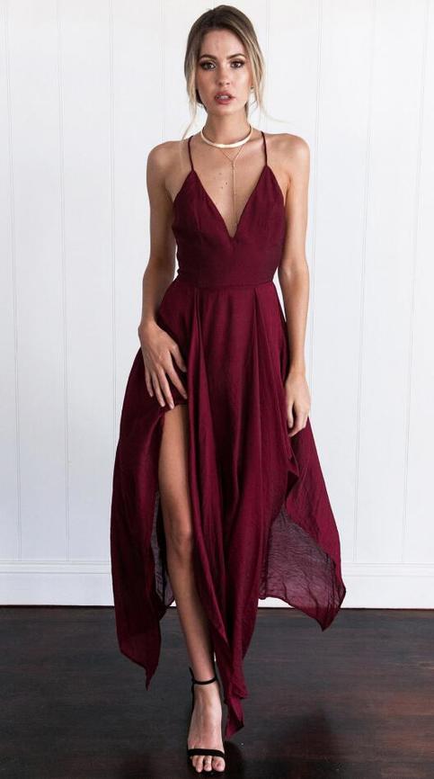 Sexy Assymetrical Hem Cross Back Burgundy Long Prom Evening Dress