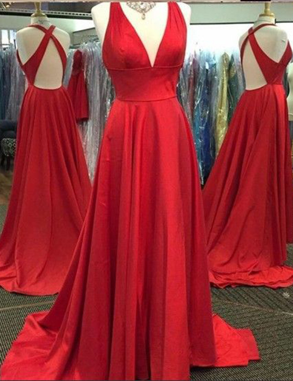 Simple Criss-Cross Deep V-neck A-line Red Prom Evening Dress Plus Size ...