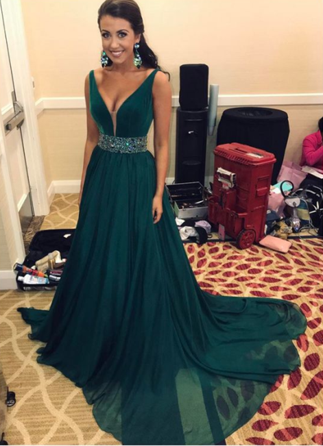 V neck Green Long Chiffon Beaded Waist Formal Evening Dress,Cheap ...