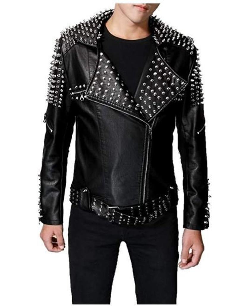 Handmade Men Black Fashion Studded Punk Style Leather Jacket on Storenvy